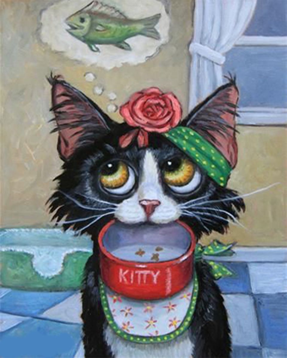 Paint By Numbers - Cat Eating From A Bowl - Framed - 40x50cm